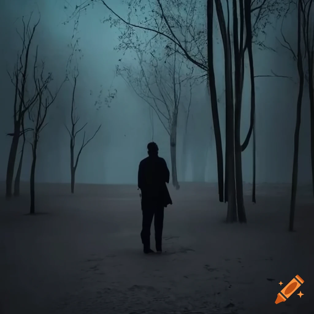 Two people standing in a Mysterious darkness enveloping the eerie ...