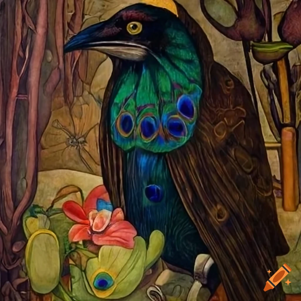 Diego Rivera storybook illustration of a Raven wearing a hooded cloak ...