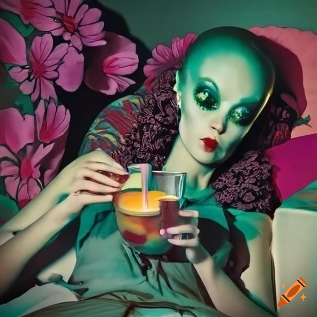 Iridescent 1940s alien woman feasting on sushi and bubble tea in a ...