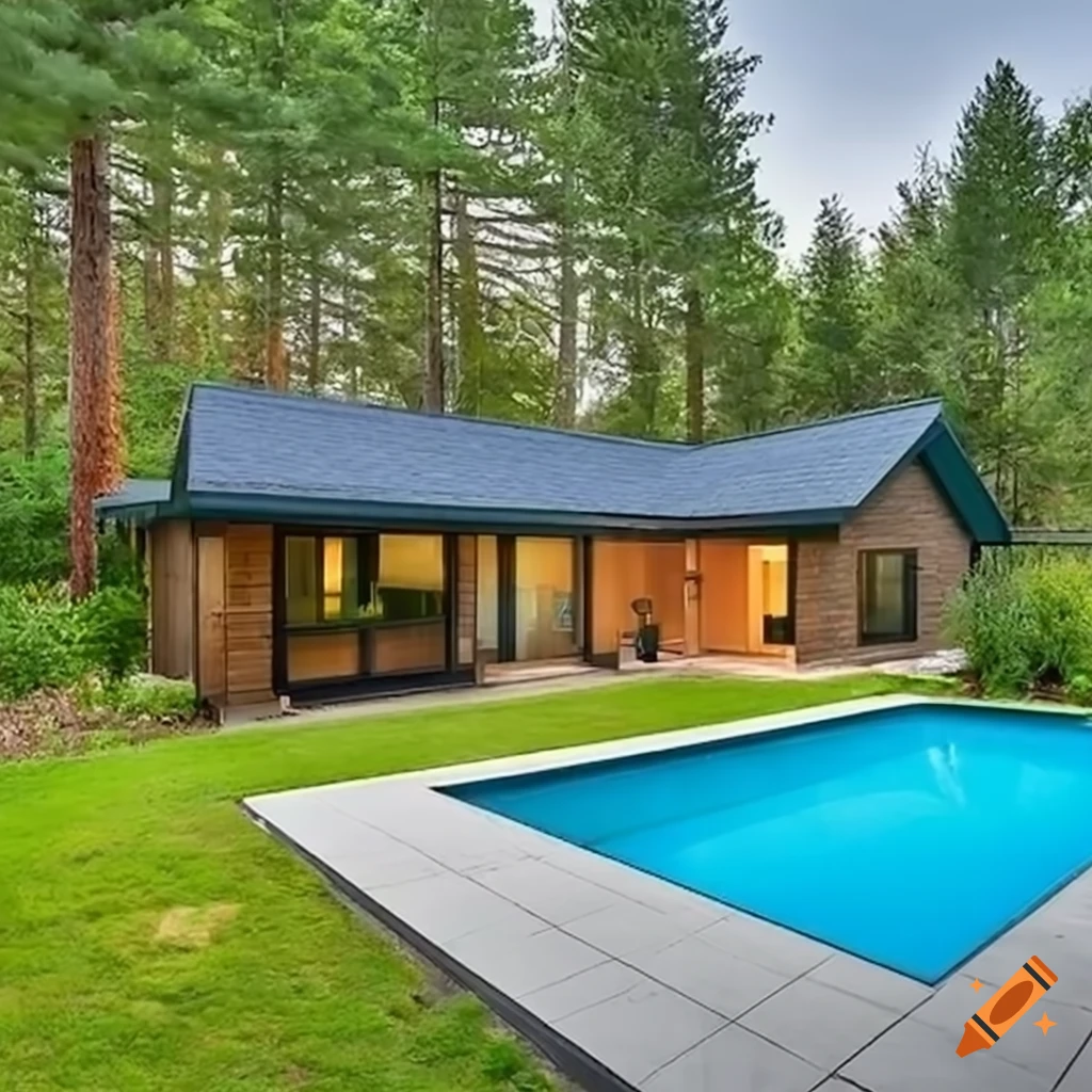 Small modern house with pool, next to small river , surrounded by pine ...