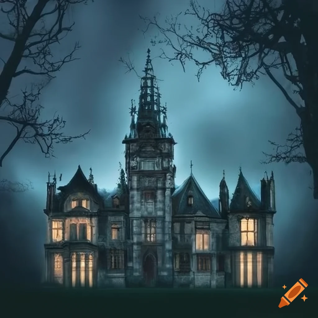 Gothic manor on a stormy night surrounded by trees