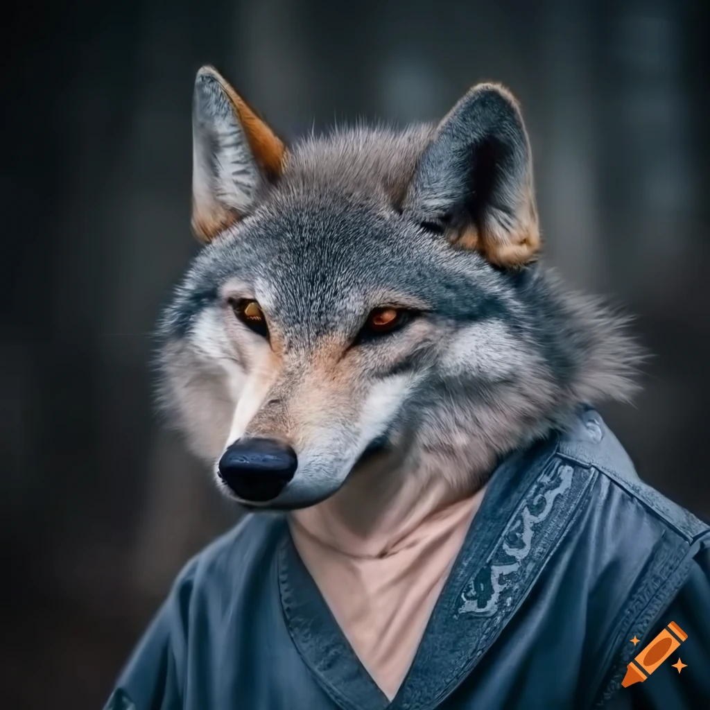 Portrait of anthropomorphic wolf wearing blouse on Craiyon