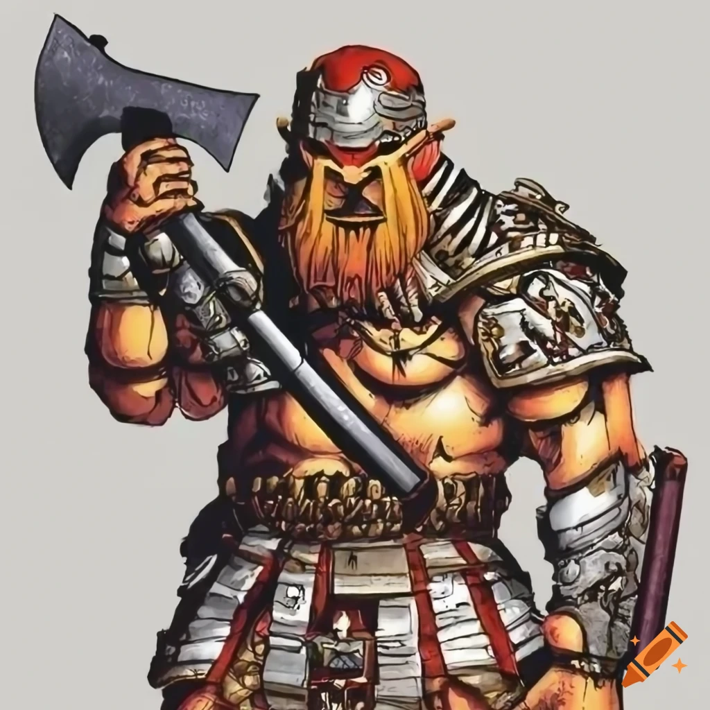 90s manga, dwarf gladiator wearing ornate heavy full metal armor and ...