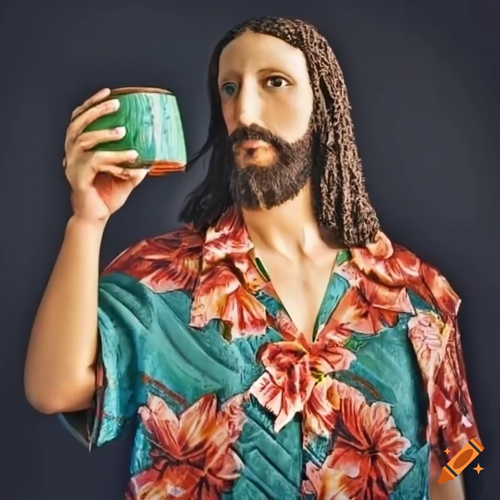 Jesus wearing a Hawaiian shirt with a tiki mug in hand on Craiyon