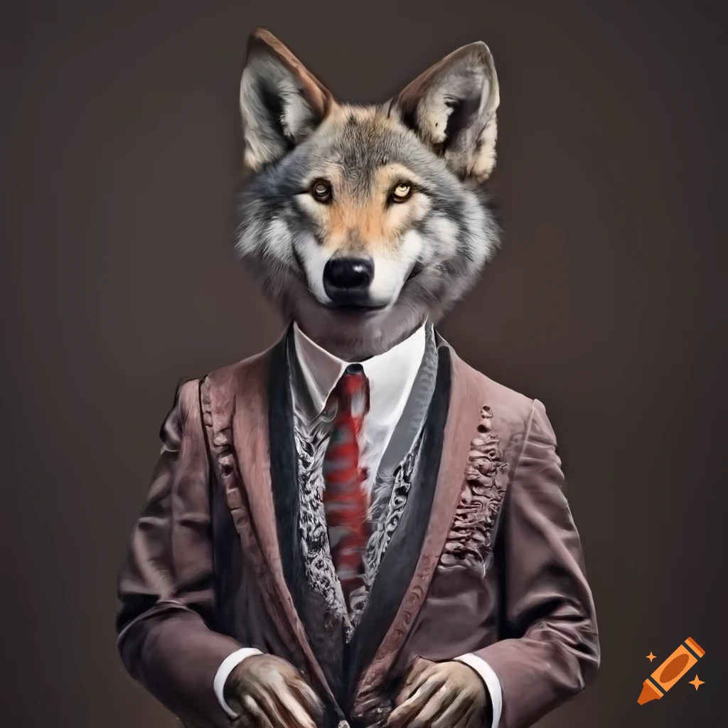 Portrait of anthropomorphic wolf wearing royal suit