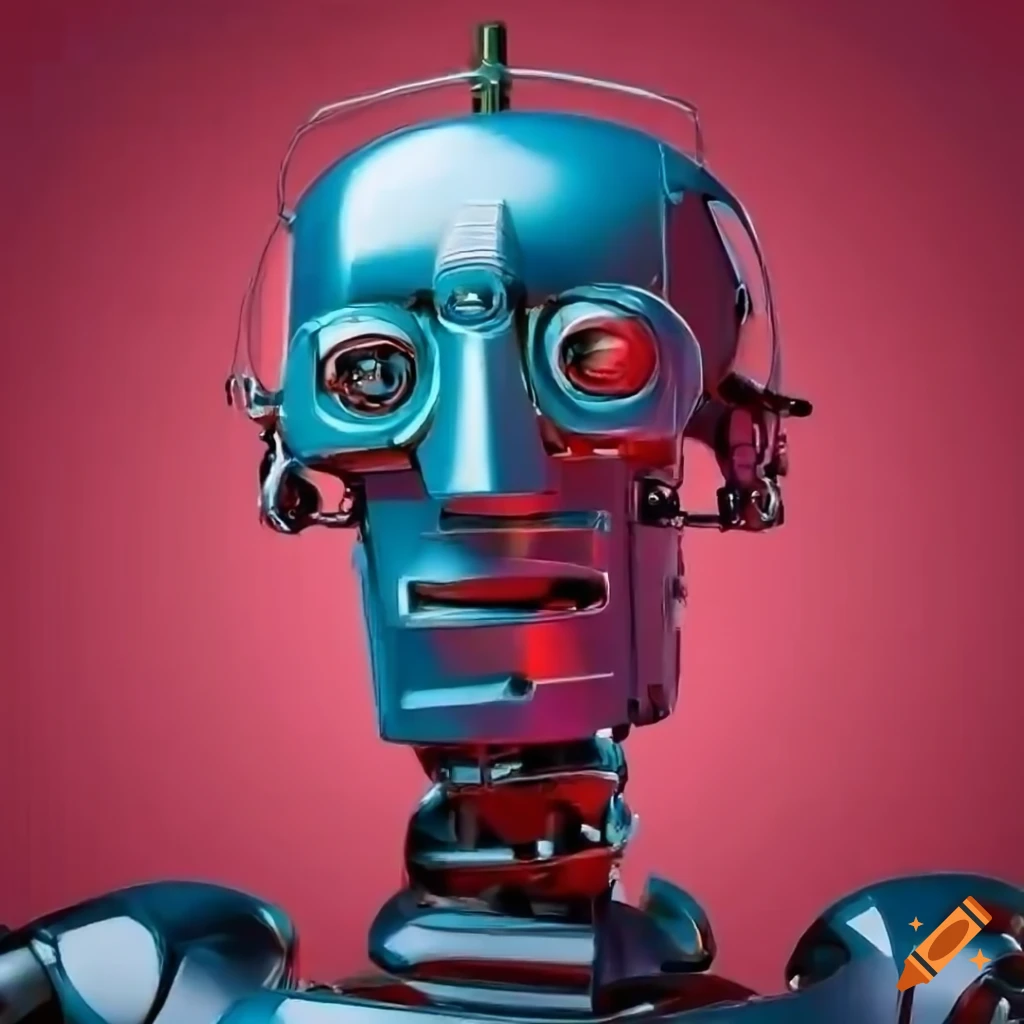 Automaton robot with glass head, antennas in glass head, red background ...