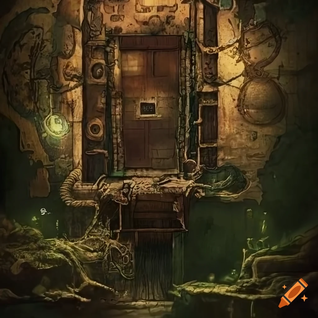 A D&D style grid map of an underground steampunk workshop overgrown by ...