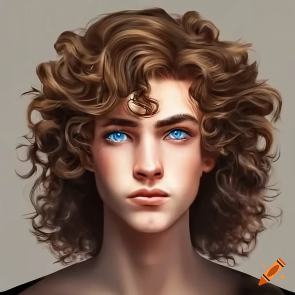 Male slightly long curly brown hair blue eyes on Craiyon