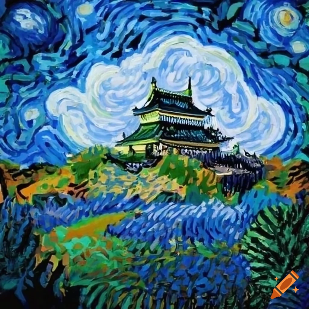 Japanese castle in colorful garden in the style of vincent van gogh on ...