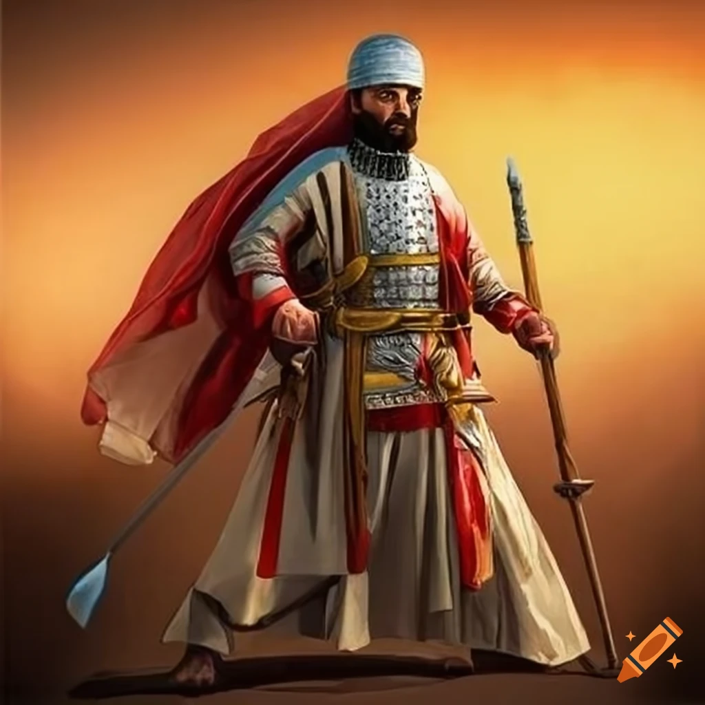 7th century arabic army with white robe and leather uniform