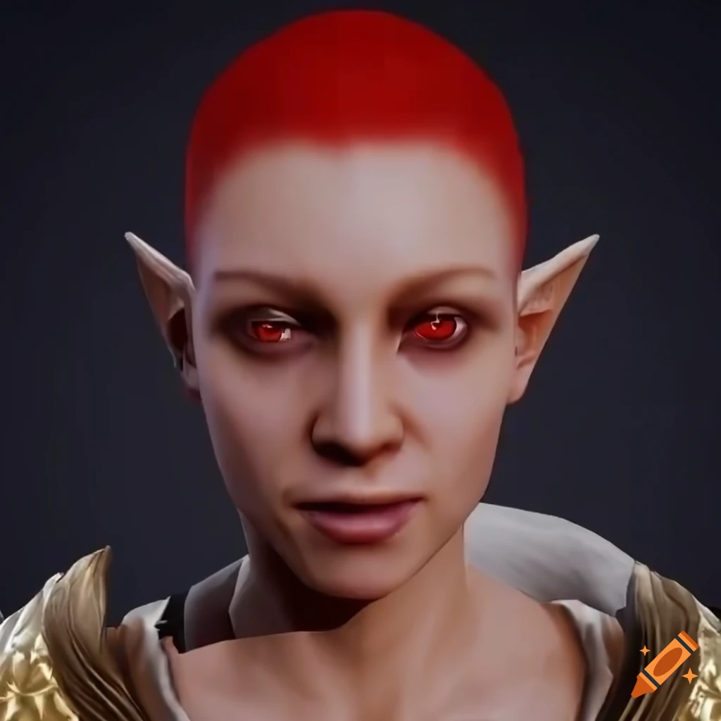 Unreal engine 5 pale-white-skinned, shaved head with red ponytail ...