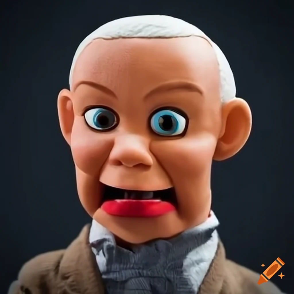 A frowning angry Mike Pence ventriloquist doll sitting on a couch on ...