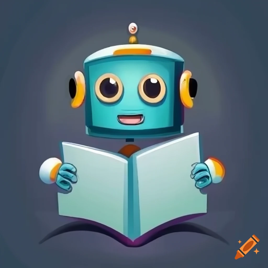 A cute cartoon robot is reading a book