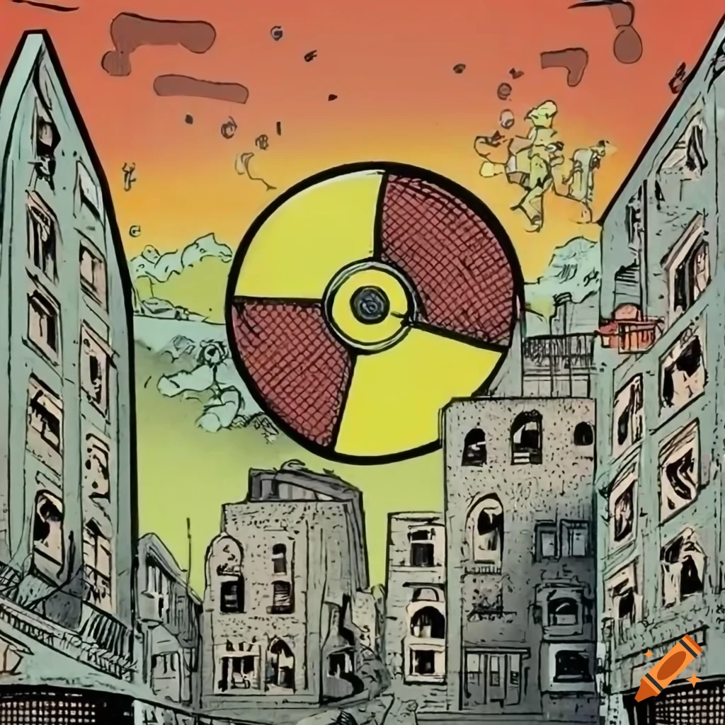 Retro comic book illustration of a nuclear-powered town in the 1950s on ...