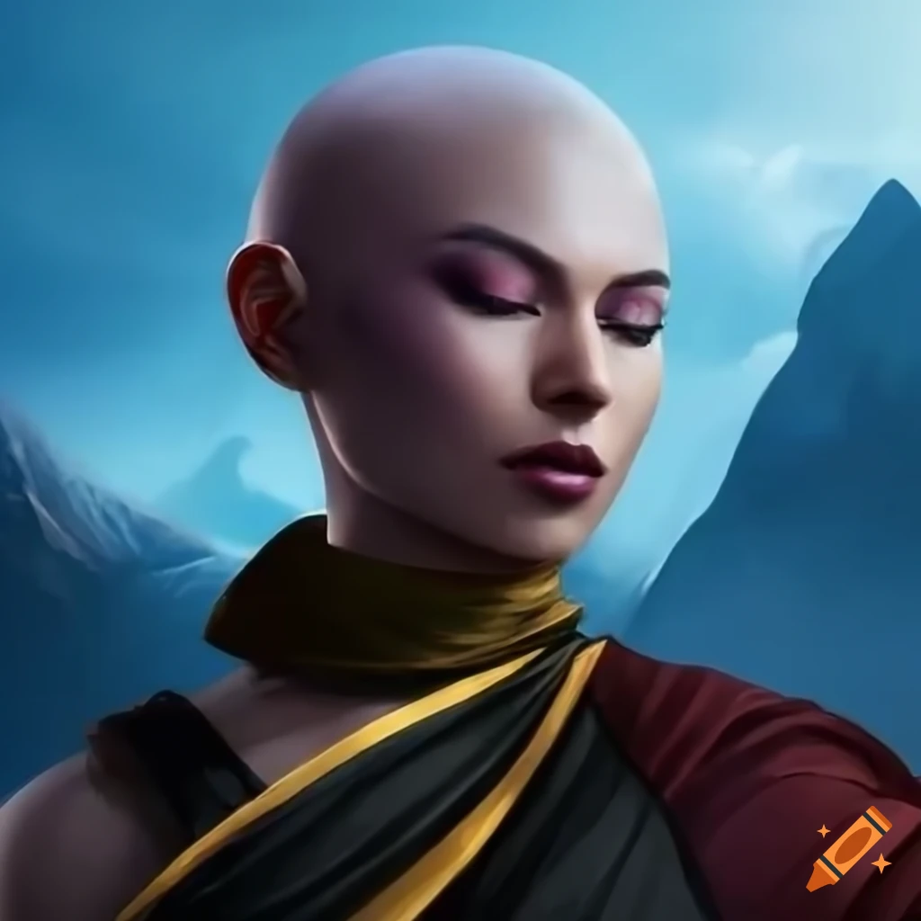 A beautiful bald woman monk with no hair, throwing some fire shuriken ...