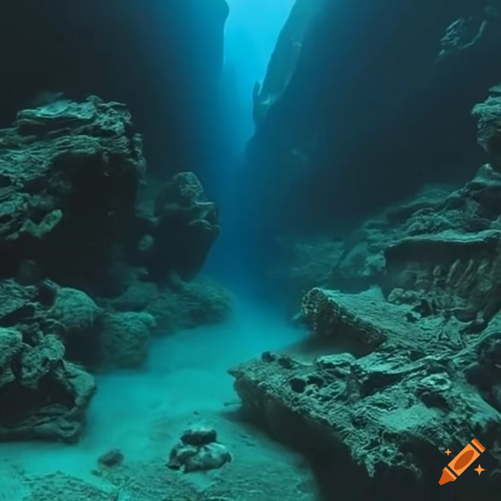 Create the photo of deep, dark chasms at the bottom of a deep sea on ...
