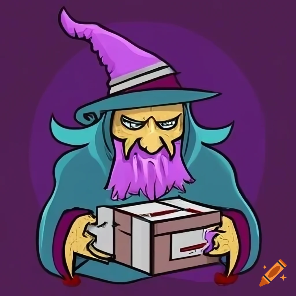 Fierce wizard throwing fedex box, digital art logo