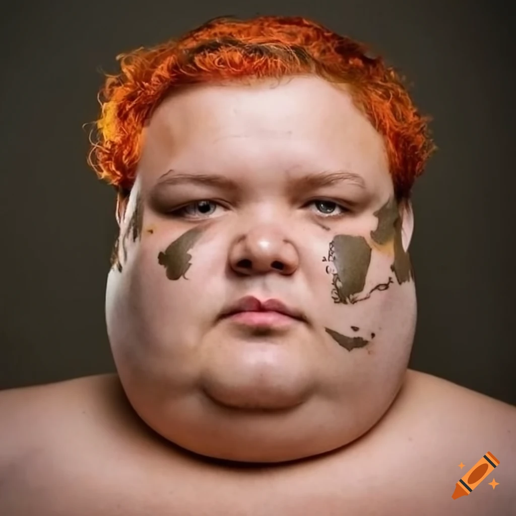 Fat obese bavarian man short orange hair red bearded in mud tattoo