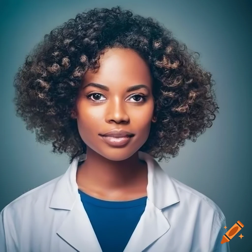 Photo portrait young black woman scientist in a white lab coat with ...