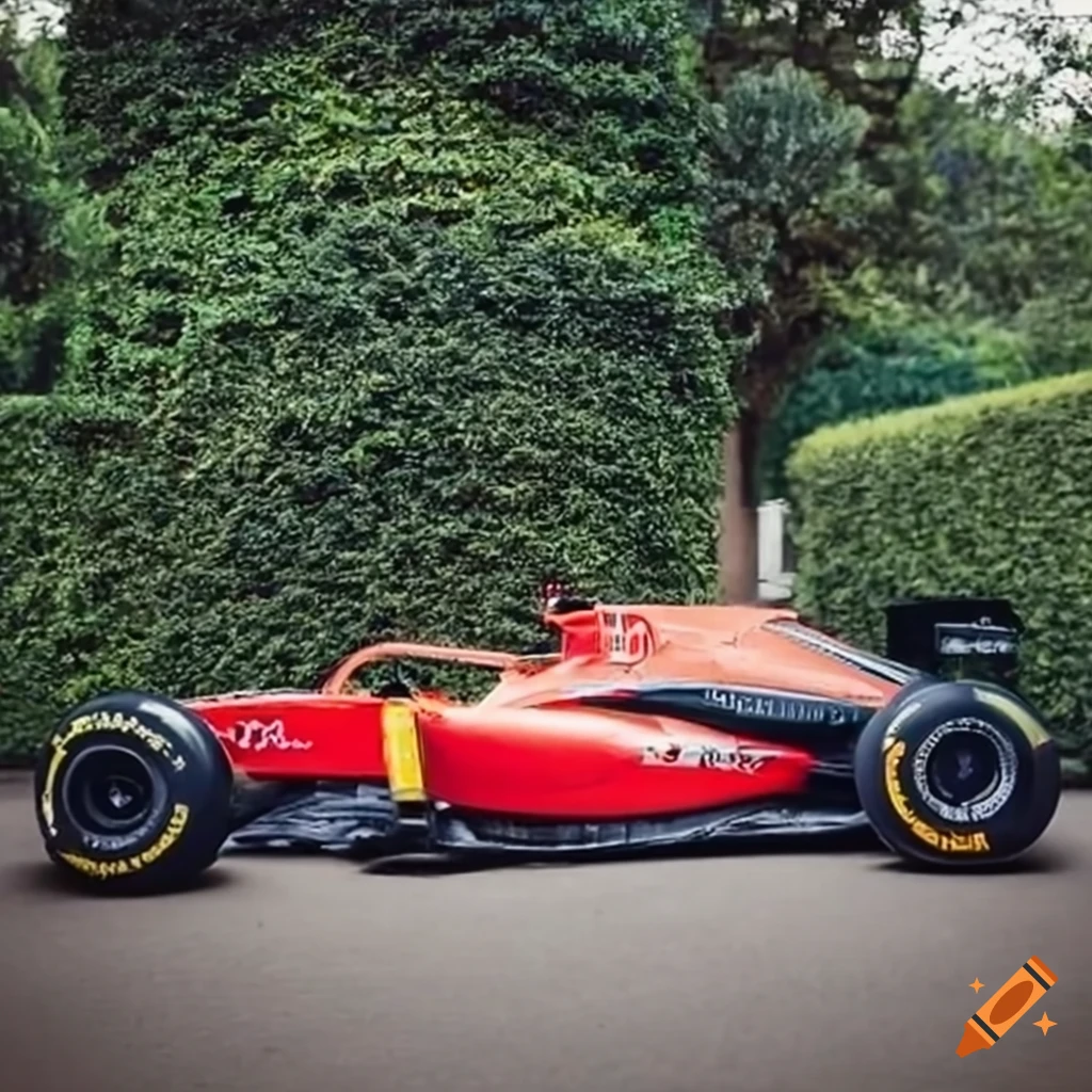 Formula 1 car parked in a garden on Craiyon