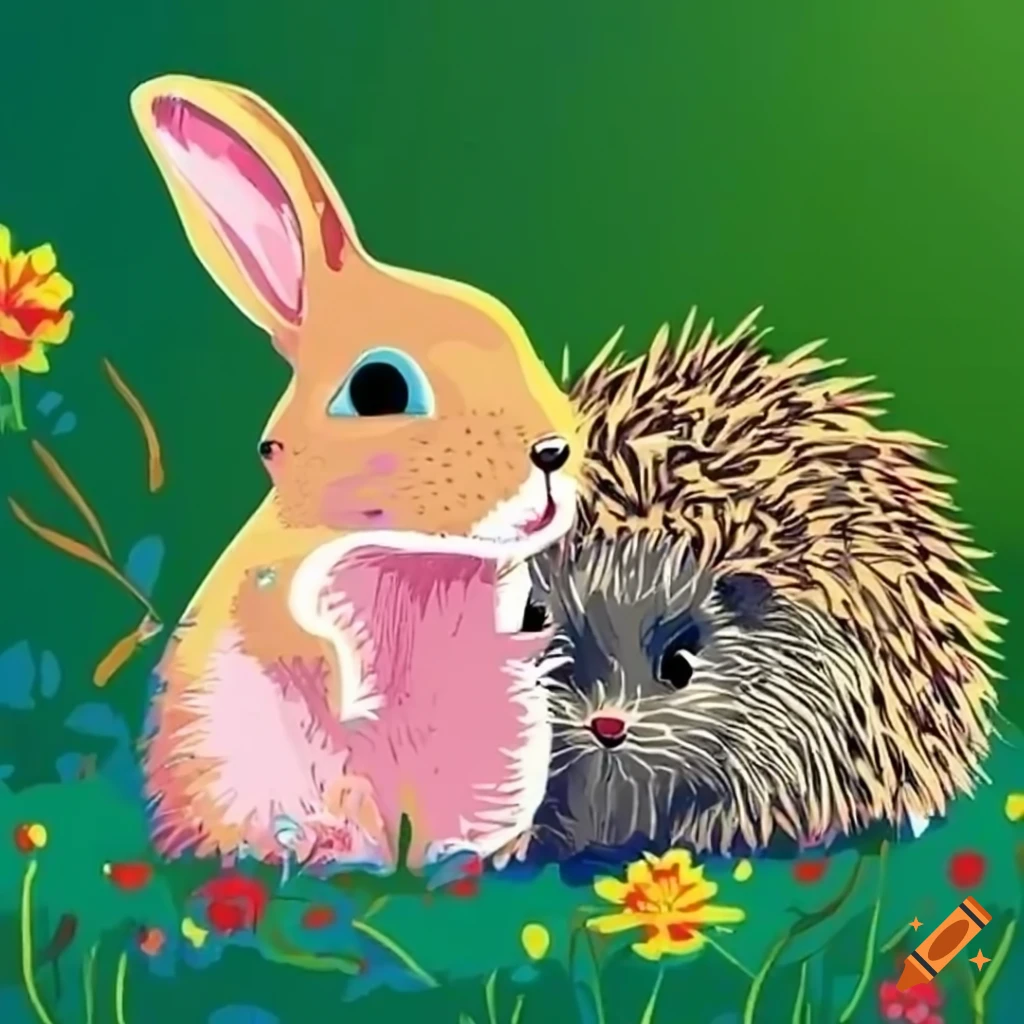 Rabbit meets hedgehog in garden, lovely, colorful, funny