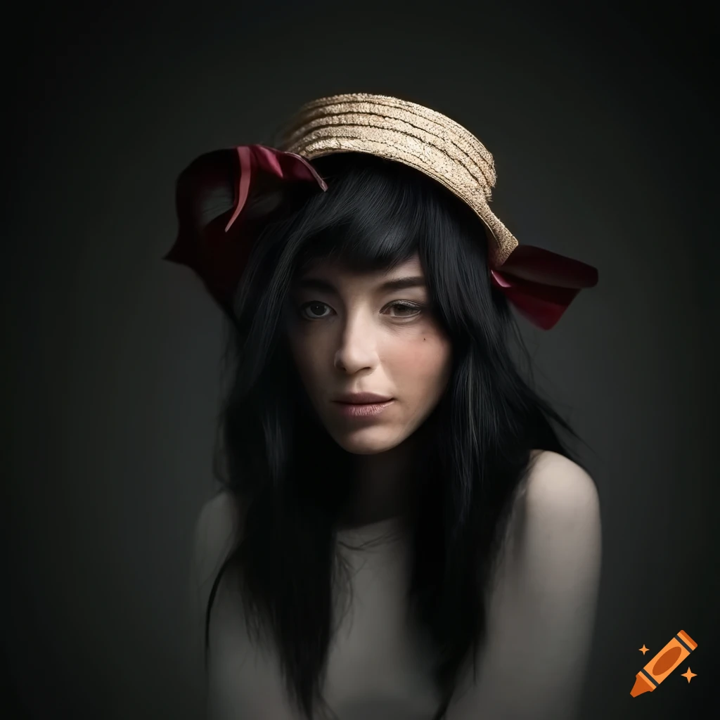 Hyper-realistic close-portrait black-haired-young-woman wearing a small ...