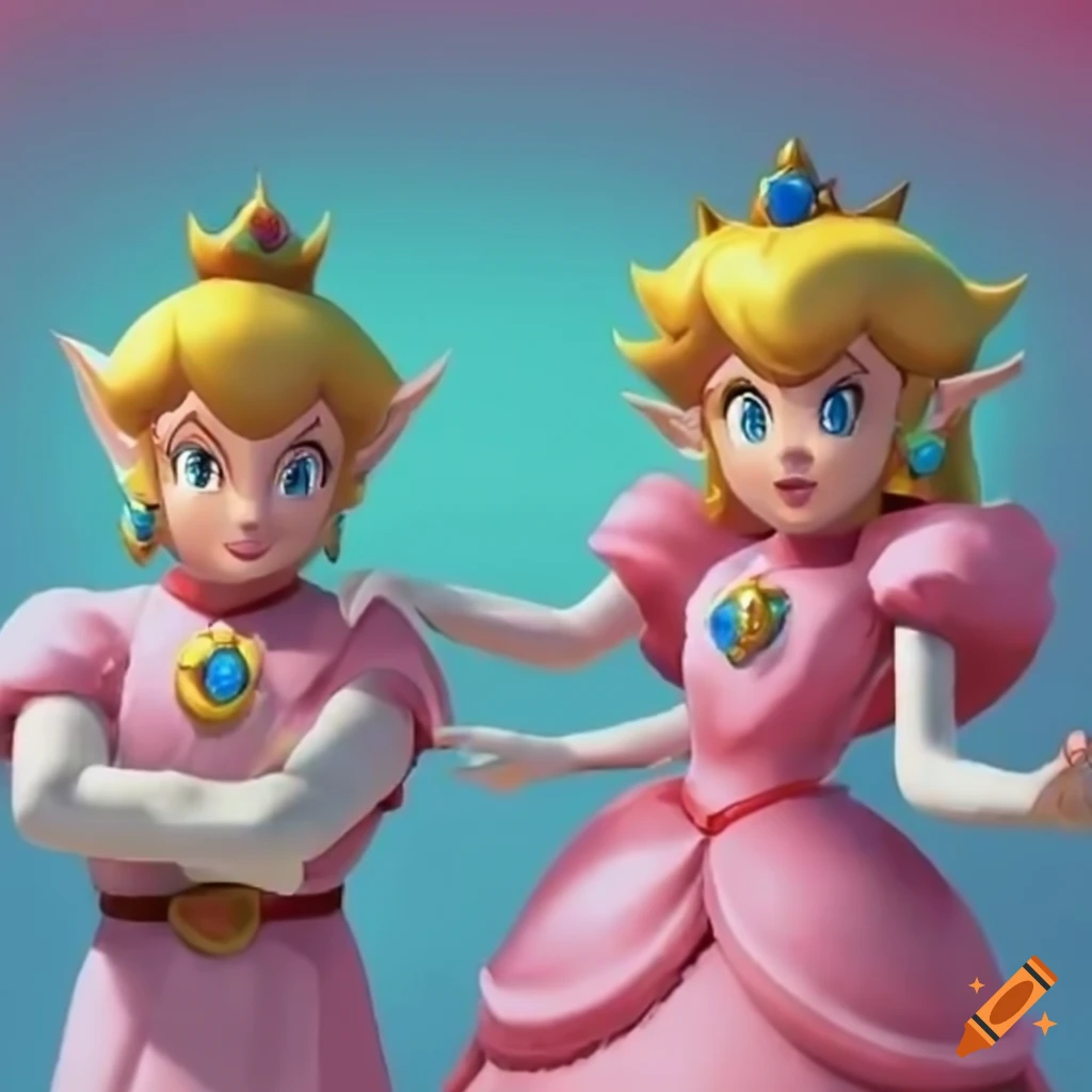 Princess peach and link pose together, wearing peach´s pink silk ...