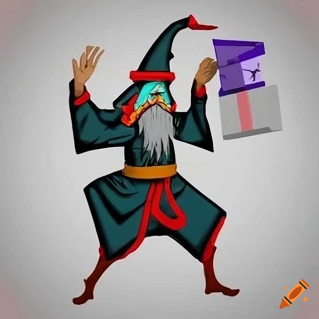 Fierce wizard throwing fedex box, digital art logo