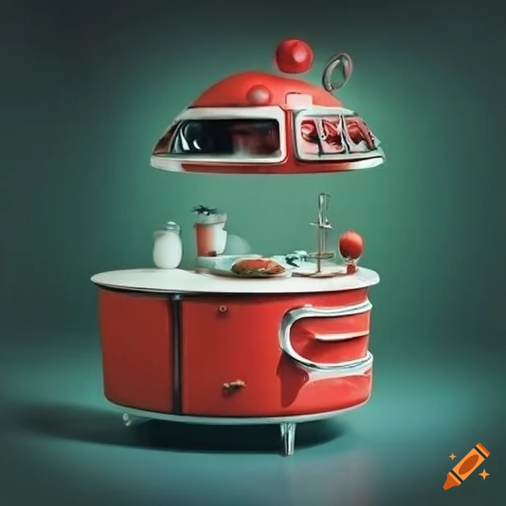 A 1950s-styled small spaceship kitchen on Craiyon