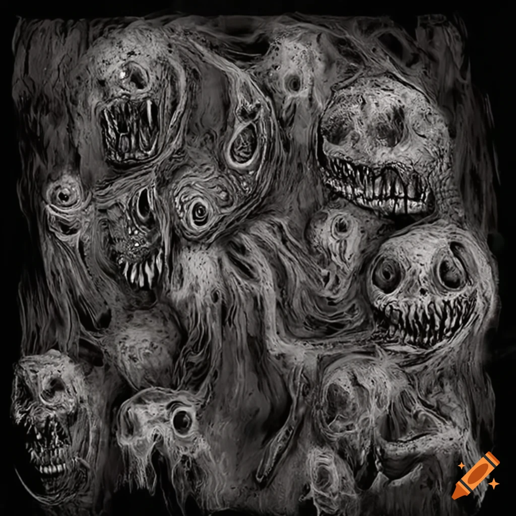 A creepy cluster of nightmare creatures in dark shadows on Craiyon