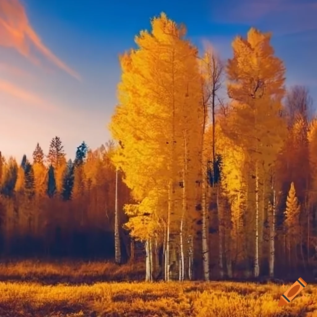 Vibrant autumn landscape with golden aspen trees at sunset