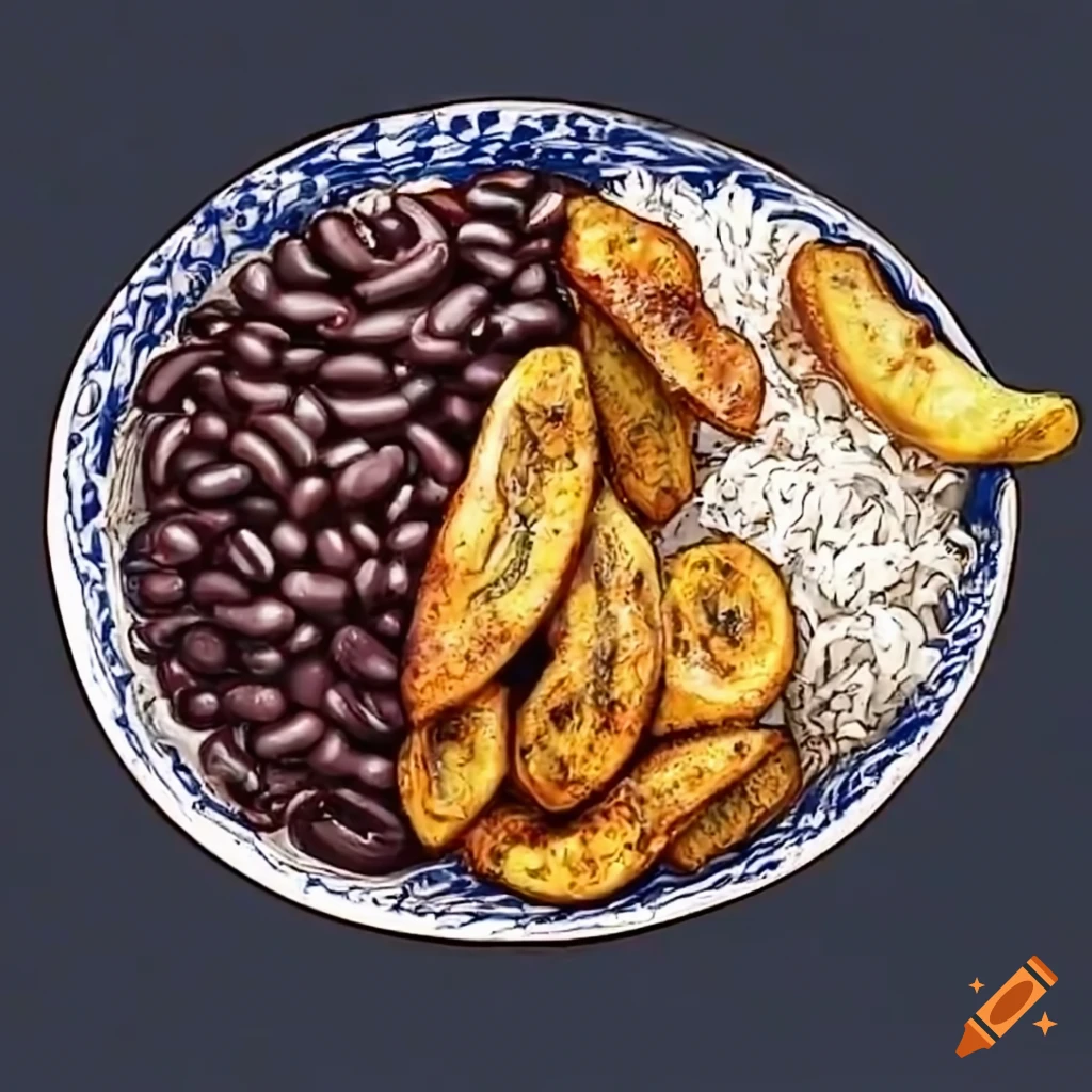 A traditional Cuban dish with rice, black bean stew, and fried ...