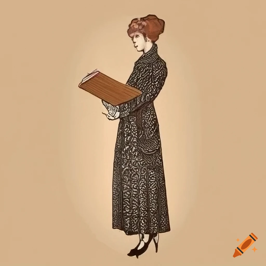 Full-length drawing of a woman librarian in art nouveau style