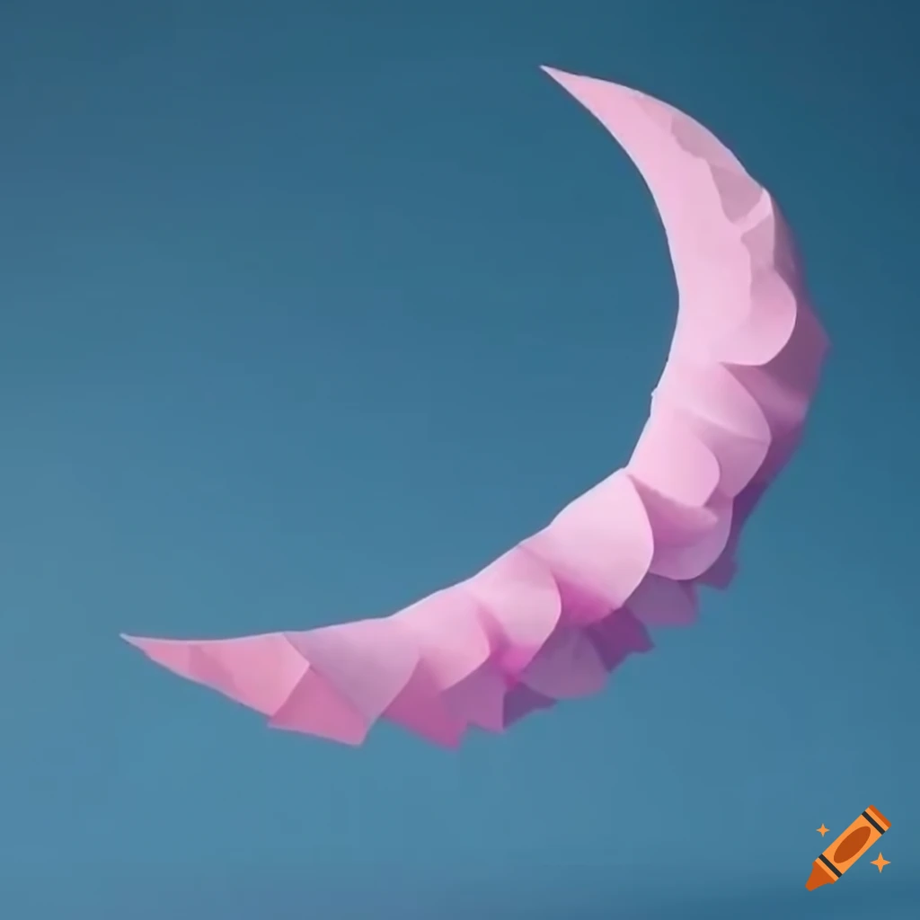 Pink crescent moon made of paper in a blue nocturnal sky on Craiyon