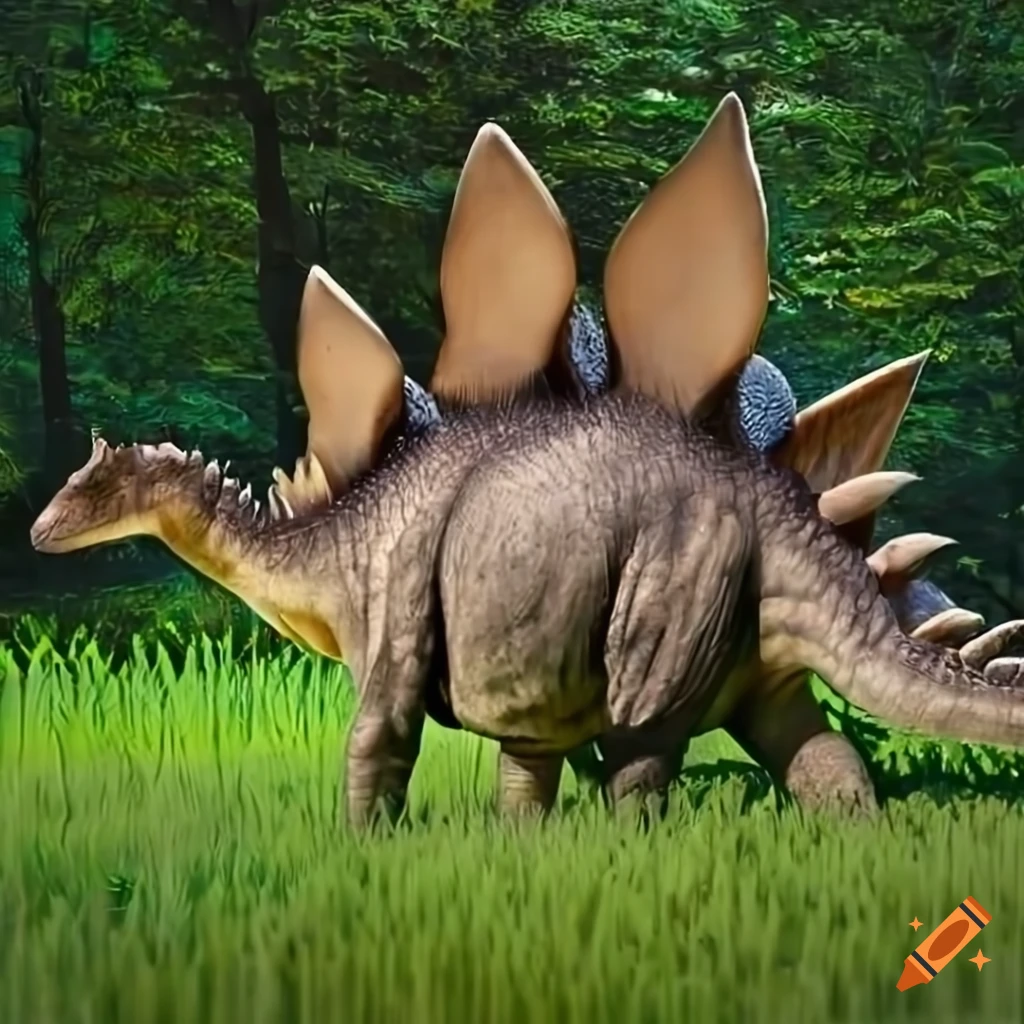 Stegosaurus photorealistic while eating grass on Craiyon