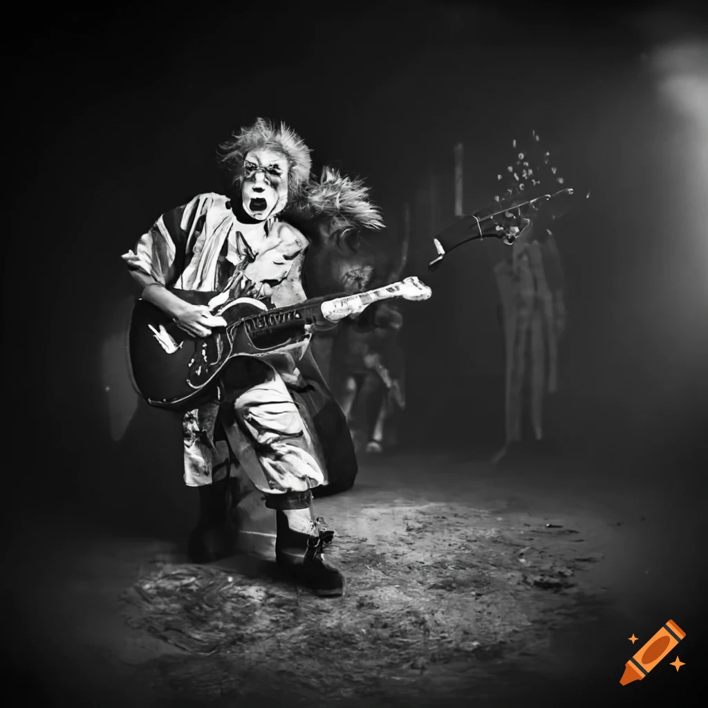 Punk mosh pit full of clowns playing guitar black and white on Craiyon