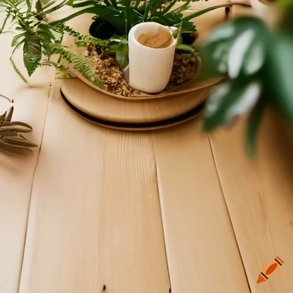 Beige natural wood table from above with plants on it