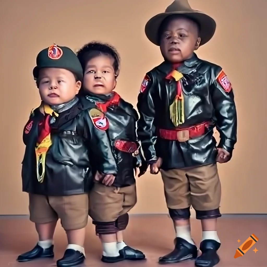 Three chubby toddler boys in full black leather slighty shiny boy scout ...