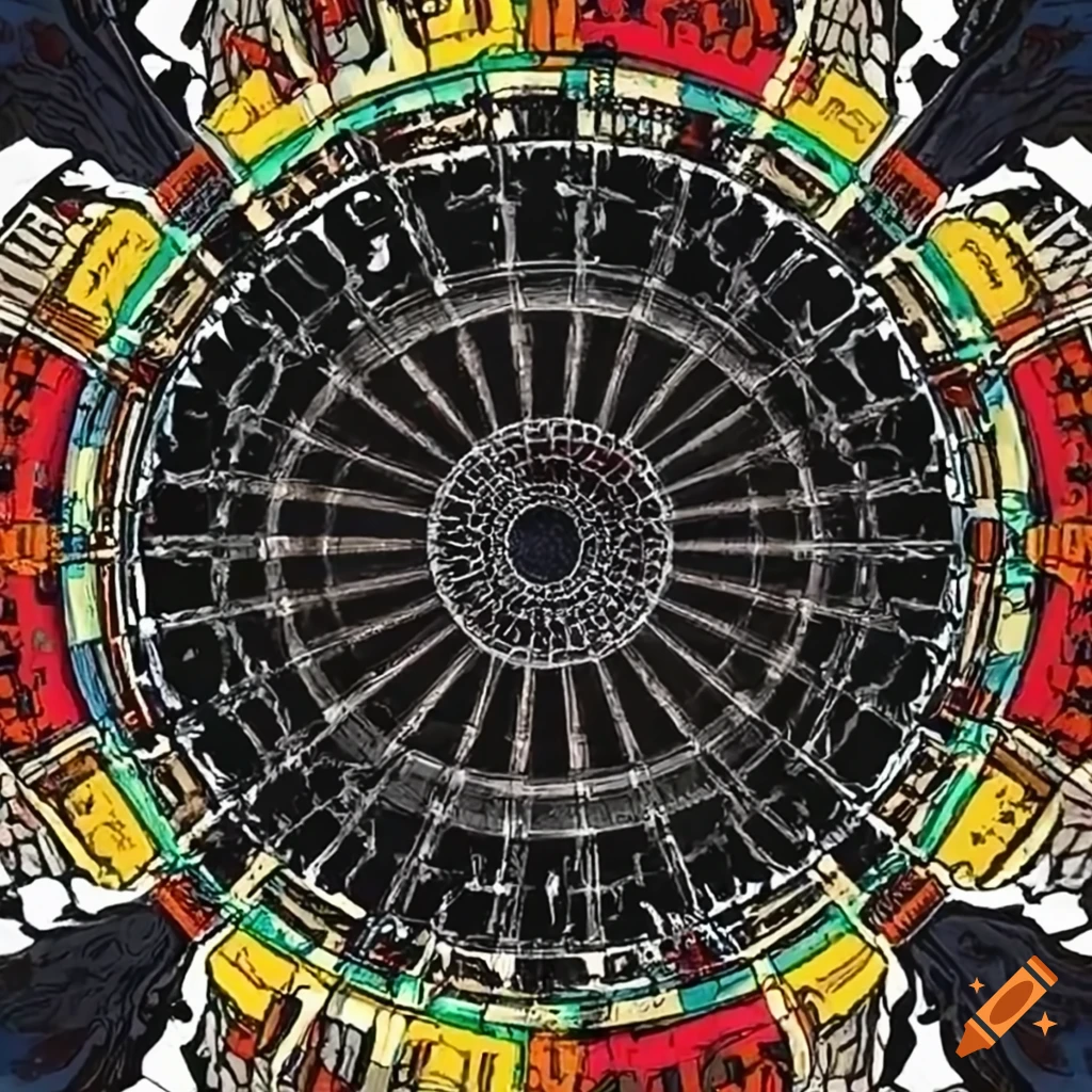 A grand black and white coliseum from a high vantage point on Craiyon