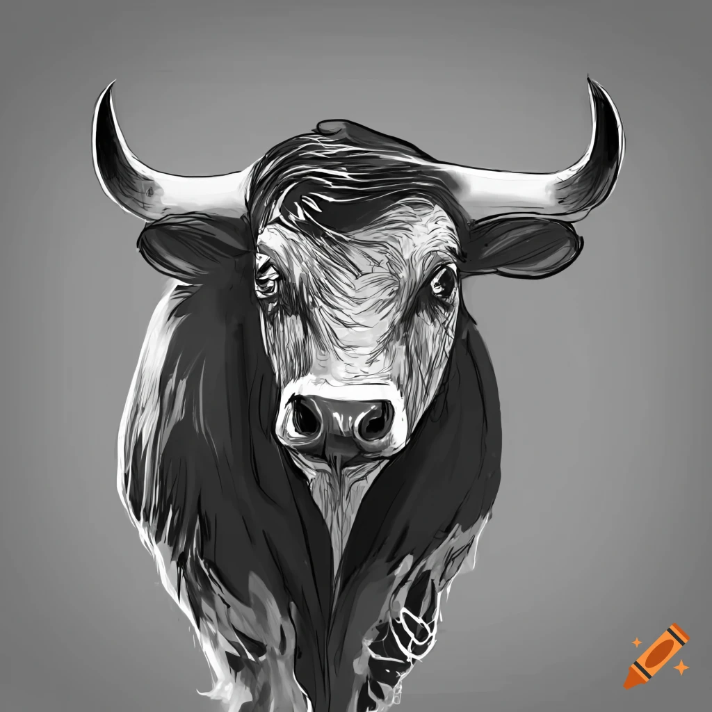 A cheerful 2d simple black and white bull with hornes feeling good ...