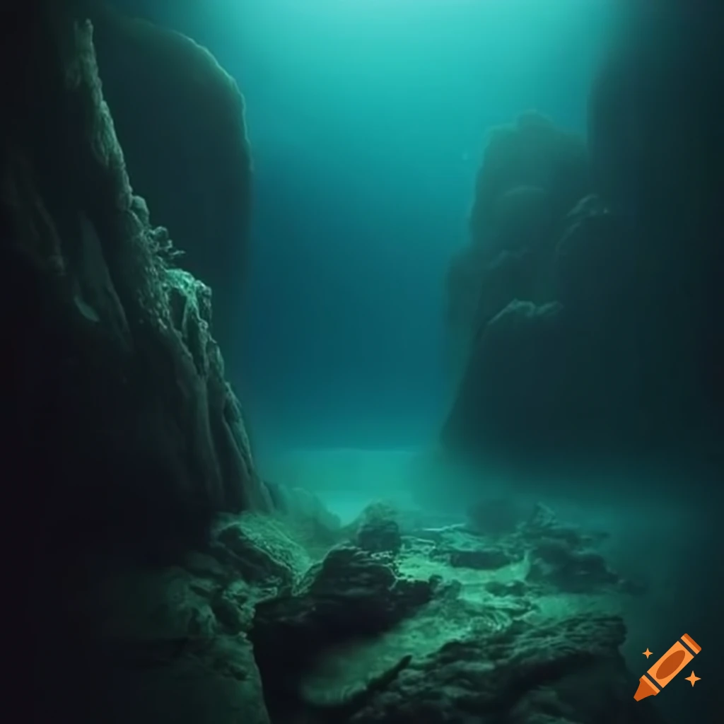 Create the photo of deep, dark chasms at the bottom of a deep sea on ...
