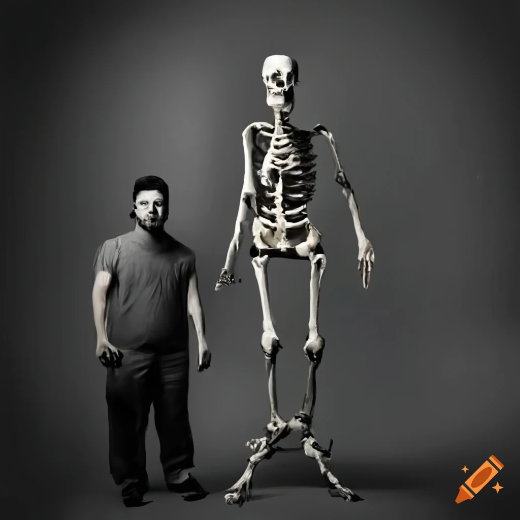A man standing next to a skeleton, mysterious encounter on Craiyon