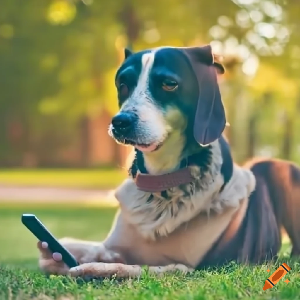 Dog using his phone in the park