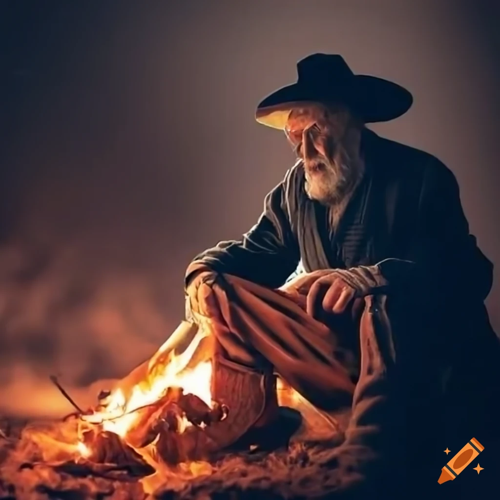Old man telling a story, at a camp fire, dark, hat