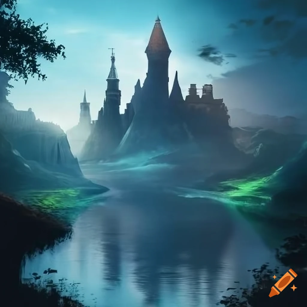 Fantasy castle on river bend on Craiyon