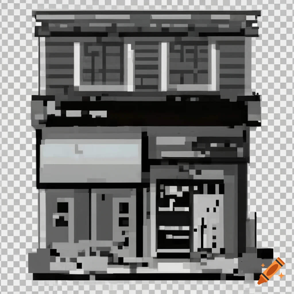 Pixel art of an destroyed store that uses black white and gray palete