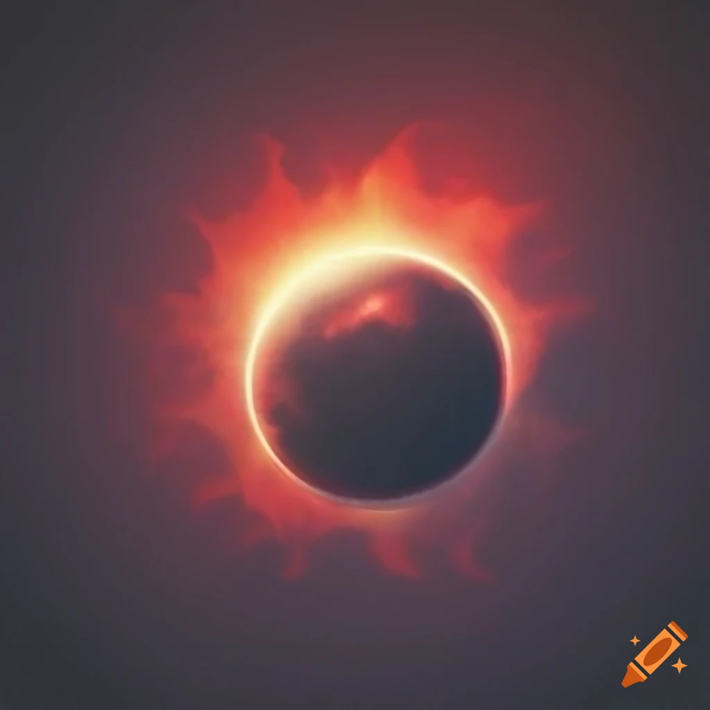 Black circle stylized eclipse with mystical symbols eclipsing a red sun ...