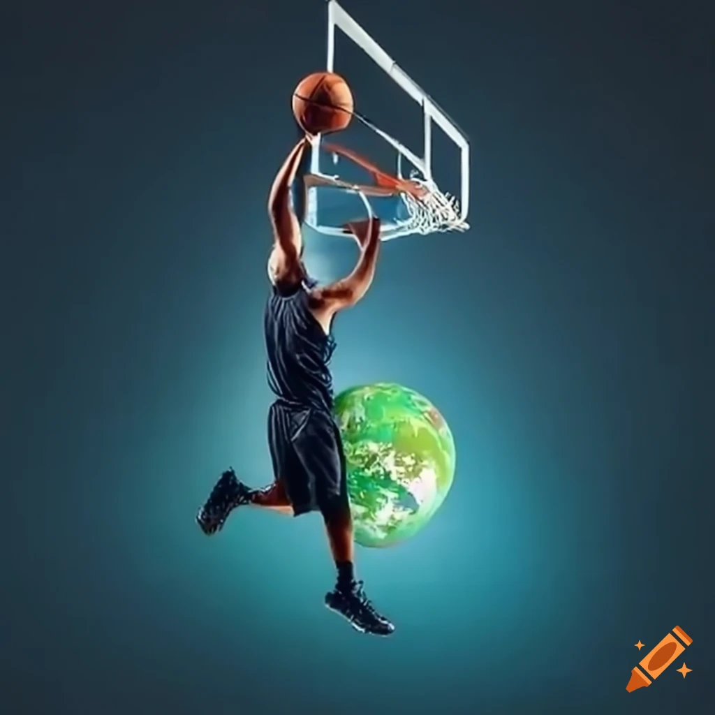 A skilled basketball player soaring for a dunk with earth-themed ball