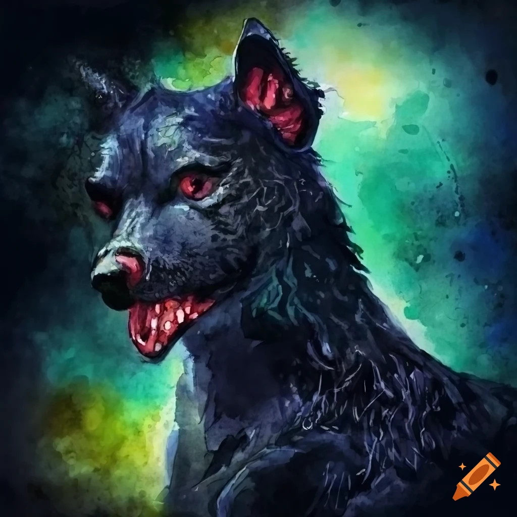 Monstrous black dog on a night street, in watercolor style