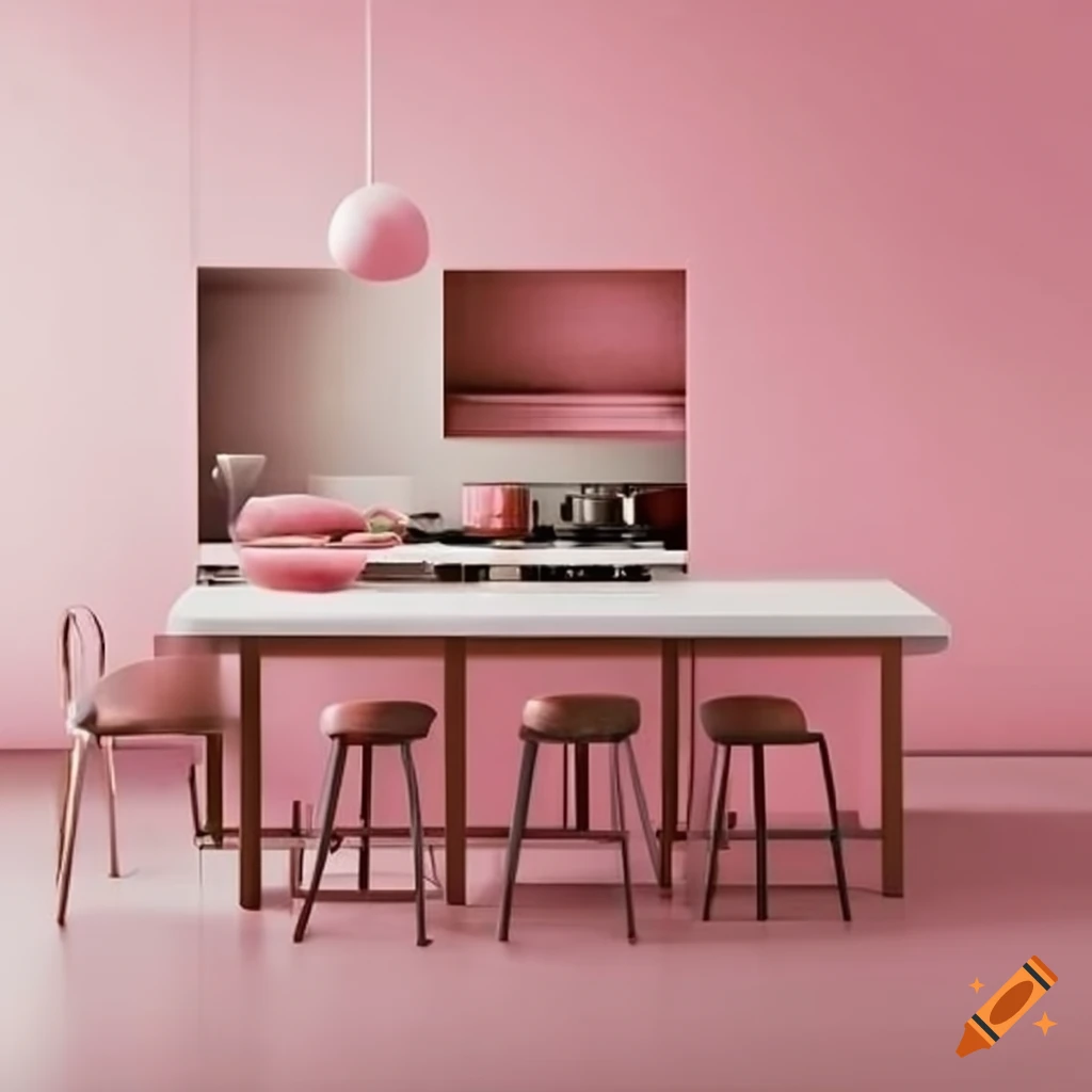 Minimalist pink kitchen with brown counters on Craiyon